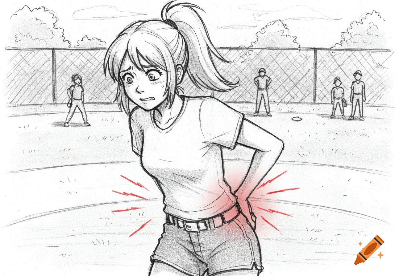 A sketch of a young woman with a ponytail wincing in pain and clutching ...