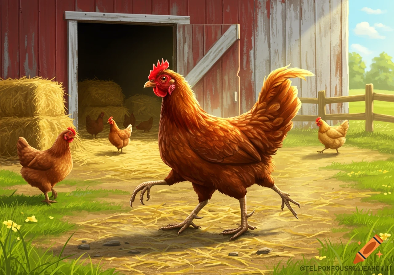 Farm animals in a sunny field with a red barn. Two horses, a dog, a ...