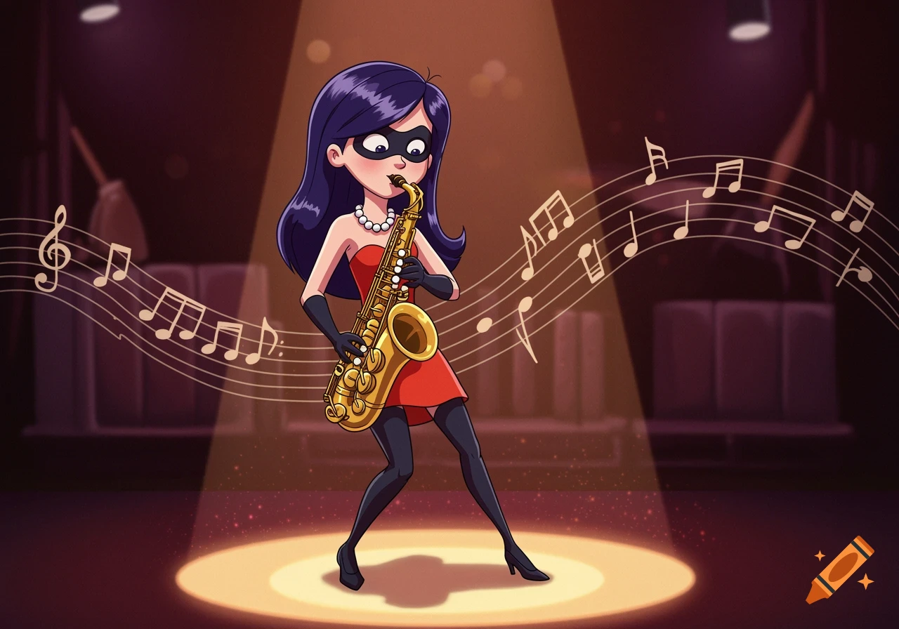 Cartoon Alice Angel in a tuxedo and top hat tap dancing on a grand ...