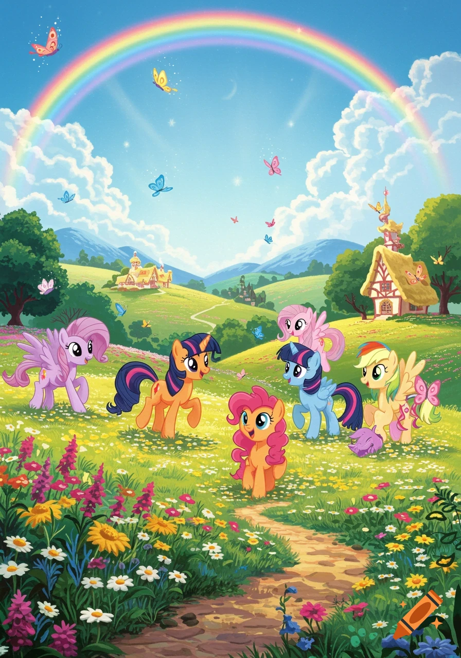 Six colorful My Little Pony characters in a vibrant, flowery field ...