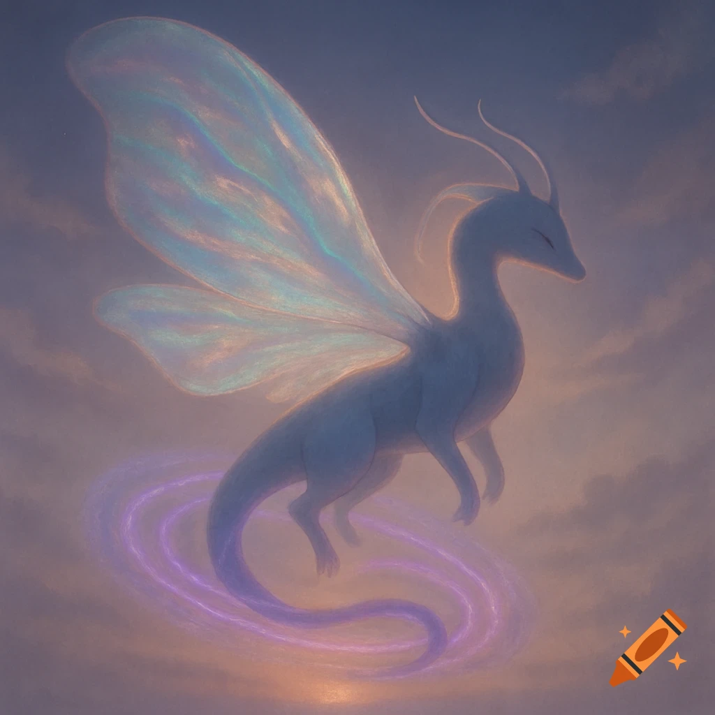 An ethereal white dragon-like creature with iridescent wings and a ...