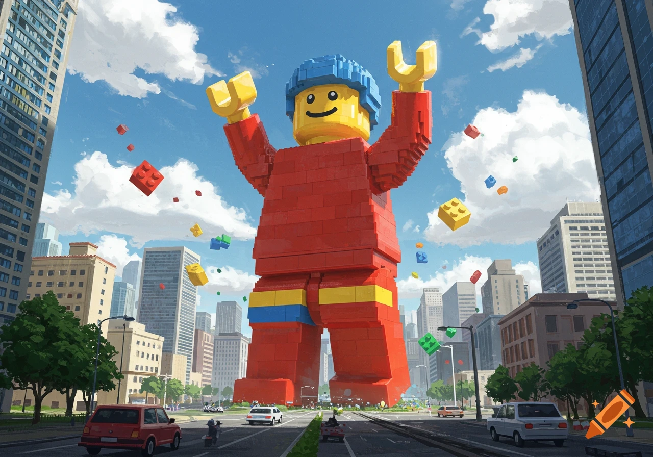 A huge, striped Lego figure stands in a photorealistic Lego city street ...