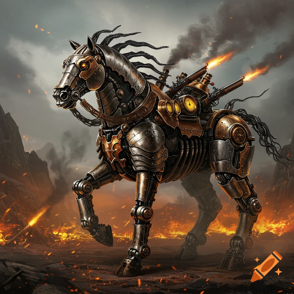 A highly detailed steampunk mechanical horse war machine with guns ...