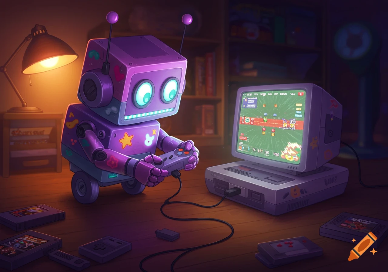 A colorful robot clown with bright eyes and a big smile juggles five ...