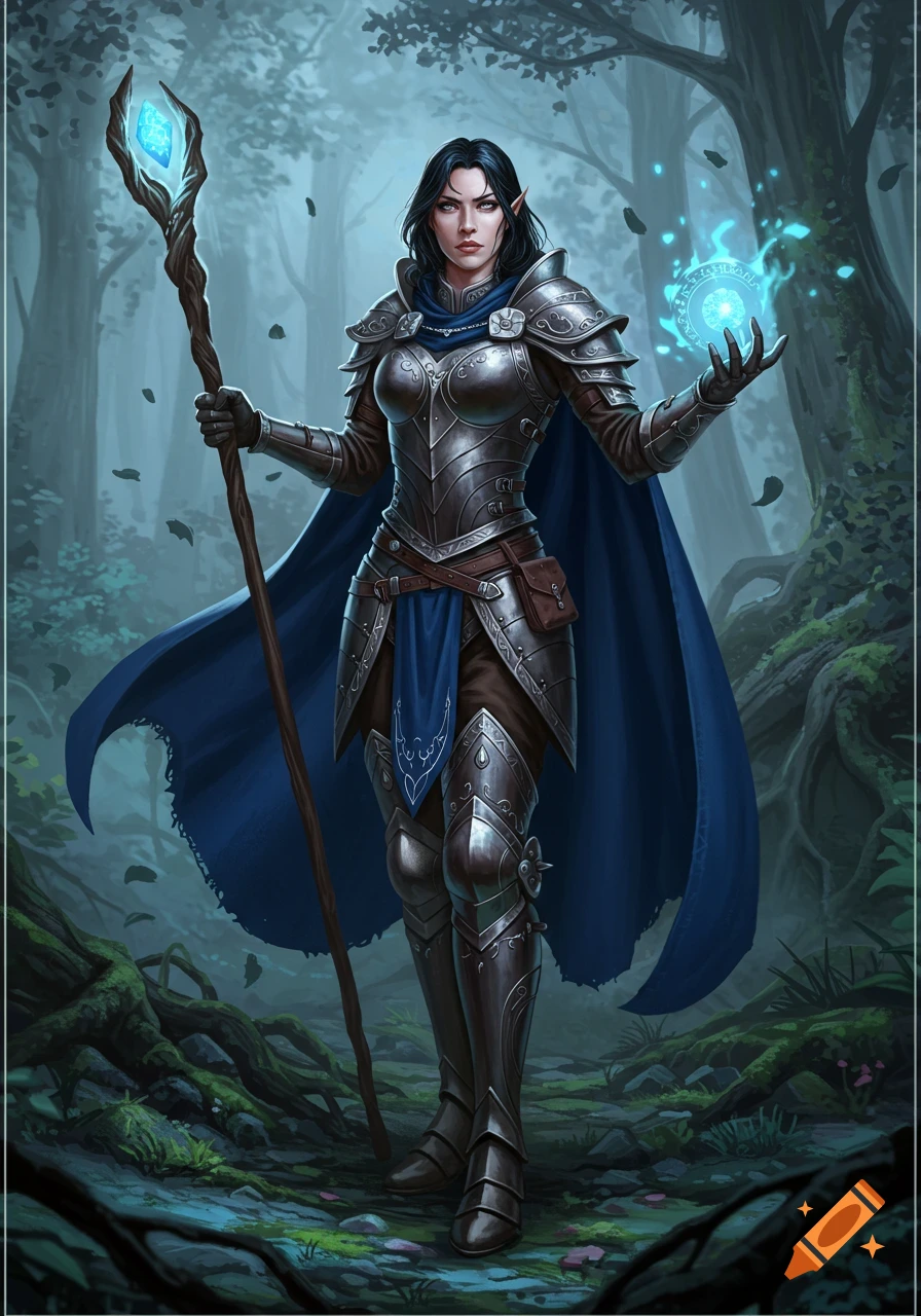 Female elf-like warrior in silver armor and blue cape, holding a ...