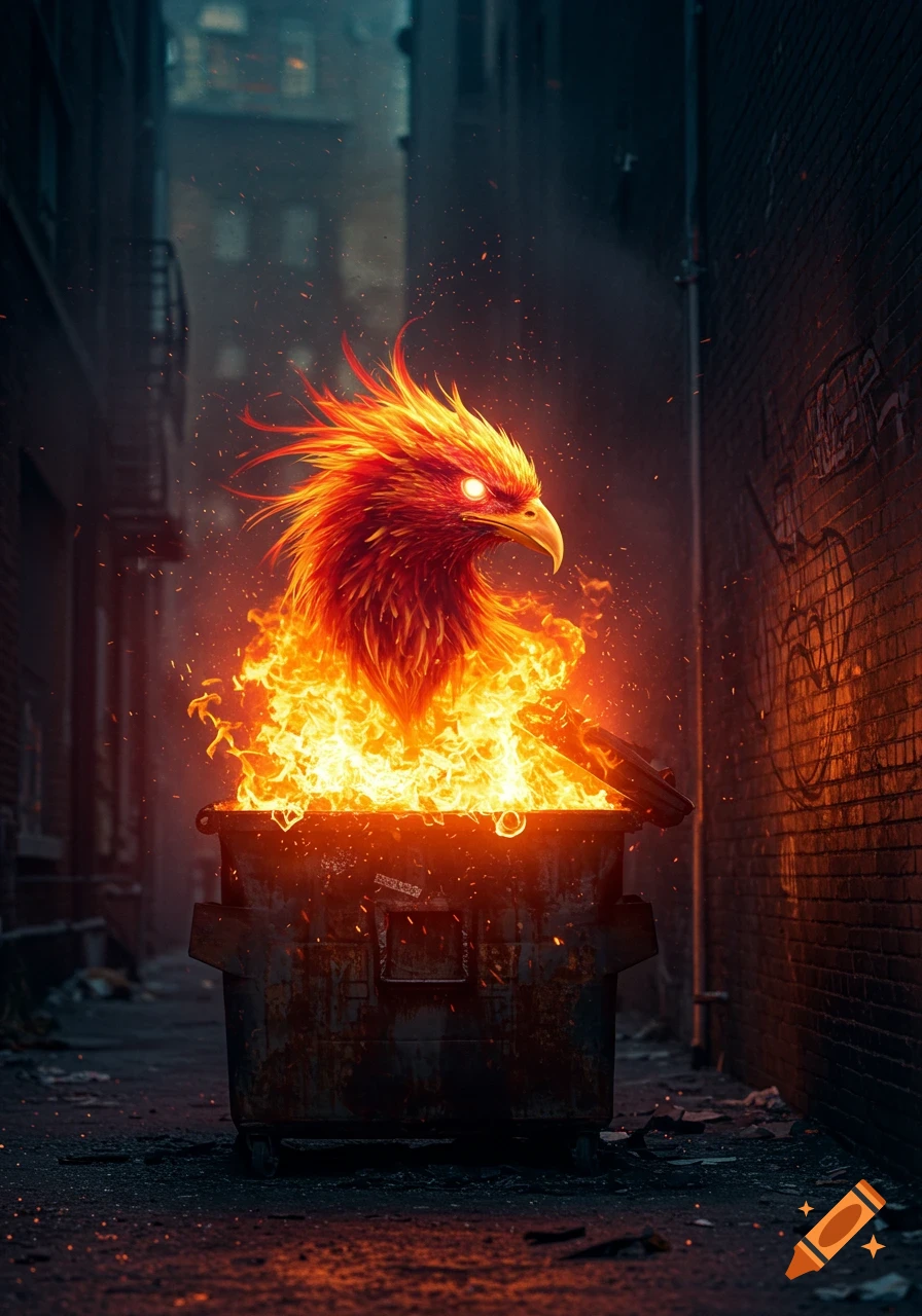 A fiery phoenix head with glowing eyes rises from a burning dumpster in ...