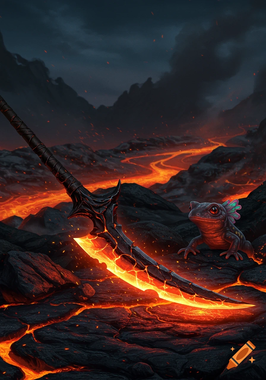 Dramatic fantasy landscape with a central fiery explosion, glowing lava ...
