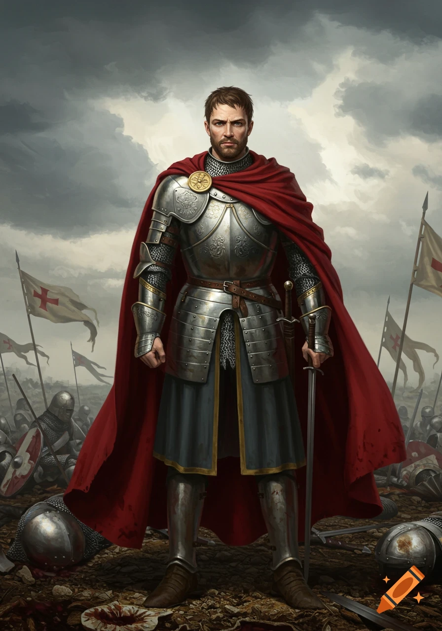 A male knight in full plate armor and a red cape stands on a ...