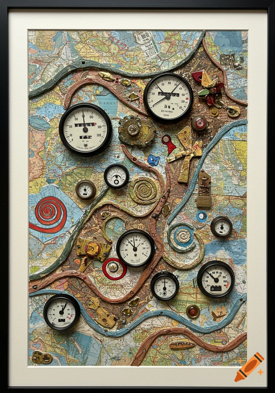 An abstract monoprint in a black frame with a cream mat, featuring ...