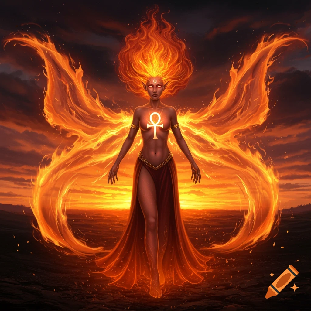 Anime-style fire elemental woman with fiery hair and glowing hands ...