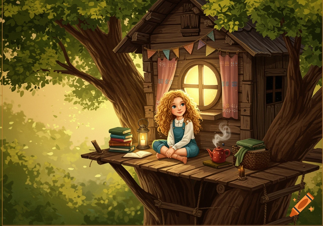 Illustrated Alice in Wonderland stands in a cozy room with white ...