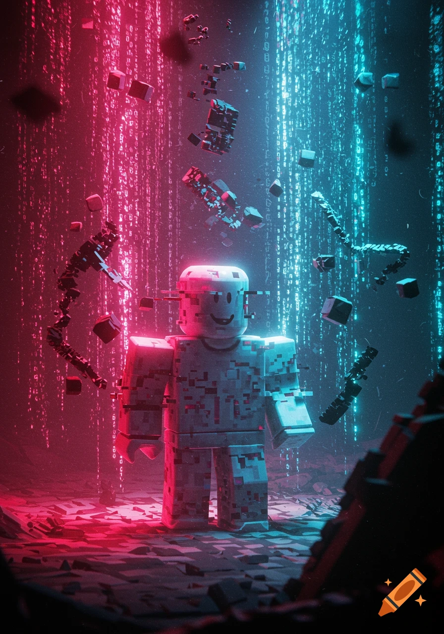 A Roblox character stands on a glowing grid in a dark, Matrix-like ...