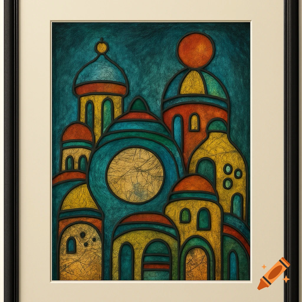 Framed abstract monoprint of colorful domed buildings in teal, yellow ...