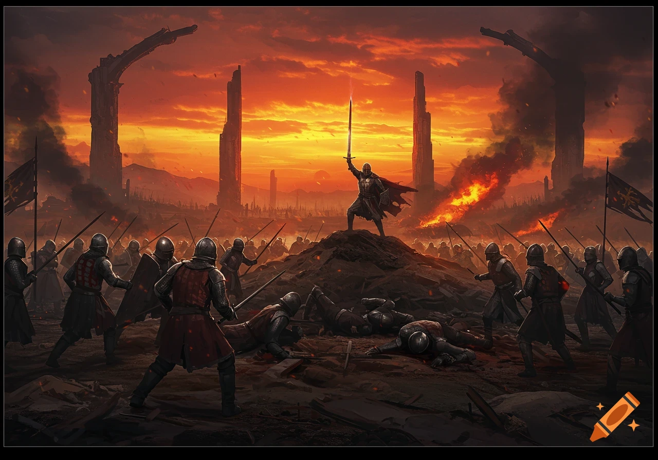 Manhwa style image of a knight in armor and a red cape raising a sword ...