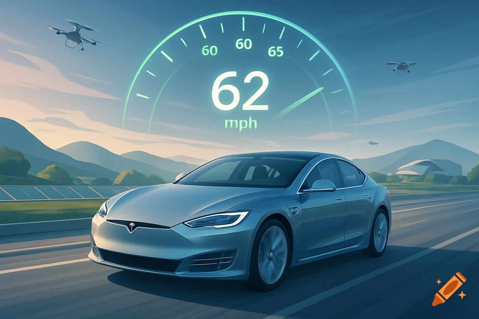 A sleek silver Tesla car drives on a road with a holographic speed ...