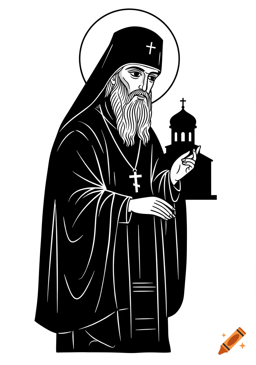 Black and white clip art of an Orthodox monk in robes holding a cross ...