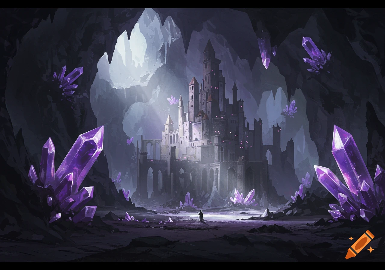 Seven glowing magical rocks float above a reflective lake at night ...