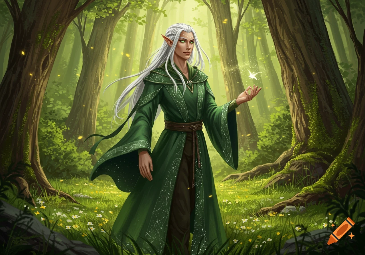 A fair-skinned elf with long white hair and green robes stands in a ...