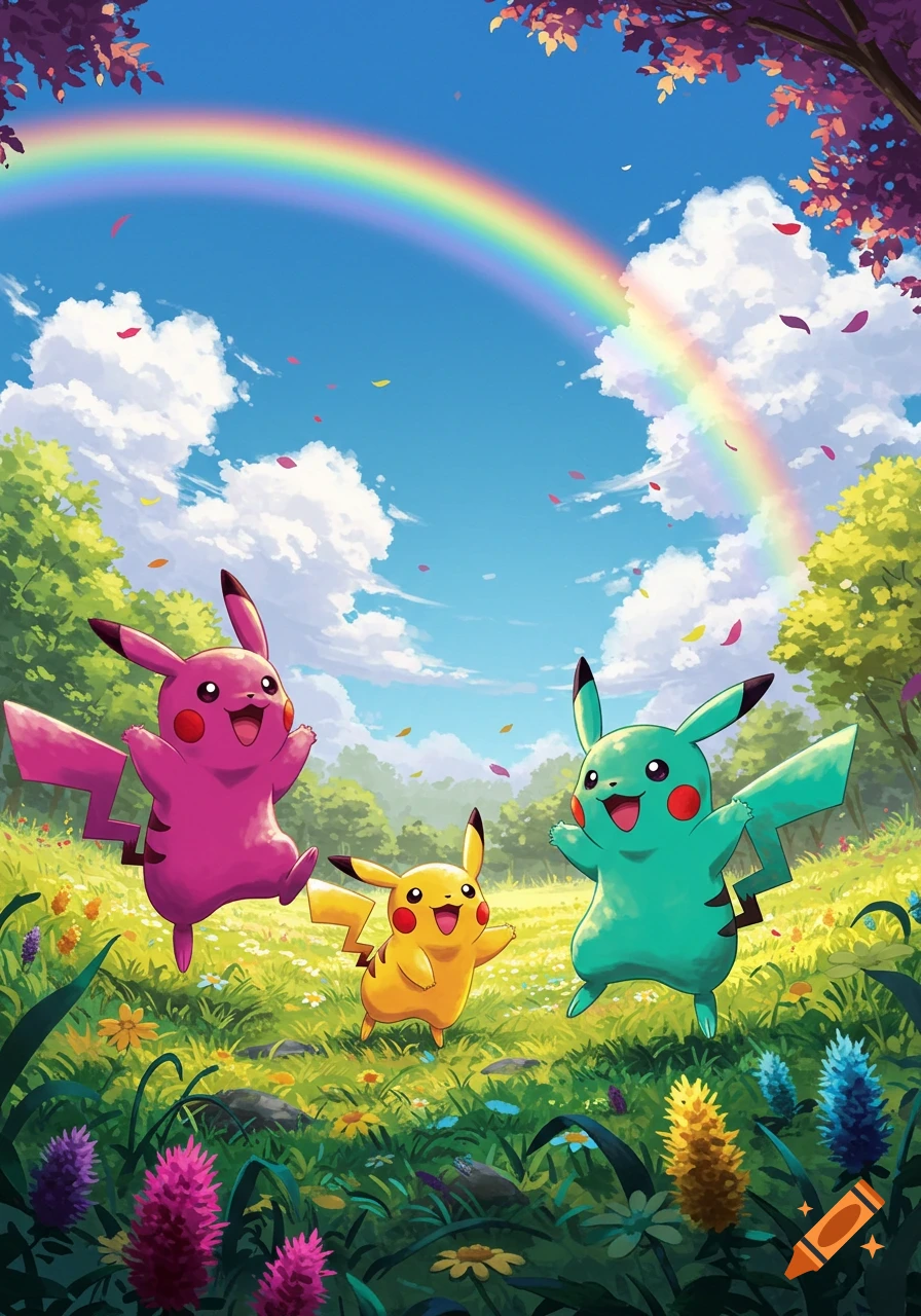 Pikachu and a blue bird with a red beak stand in a lush jungle with ...