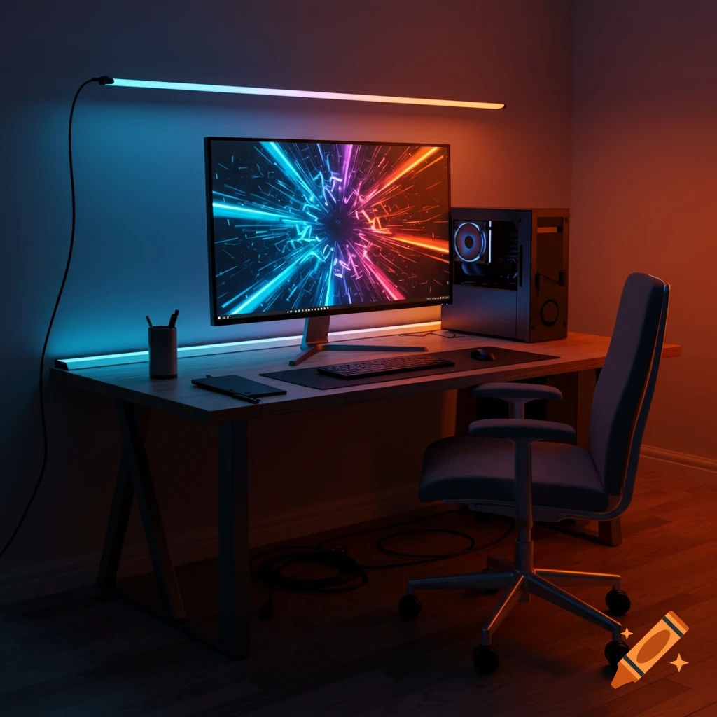 A dark mechanical keyboard with glowing blue keys and purple underglow ...