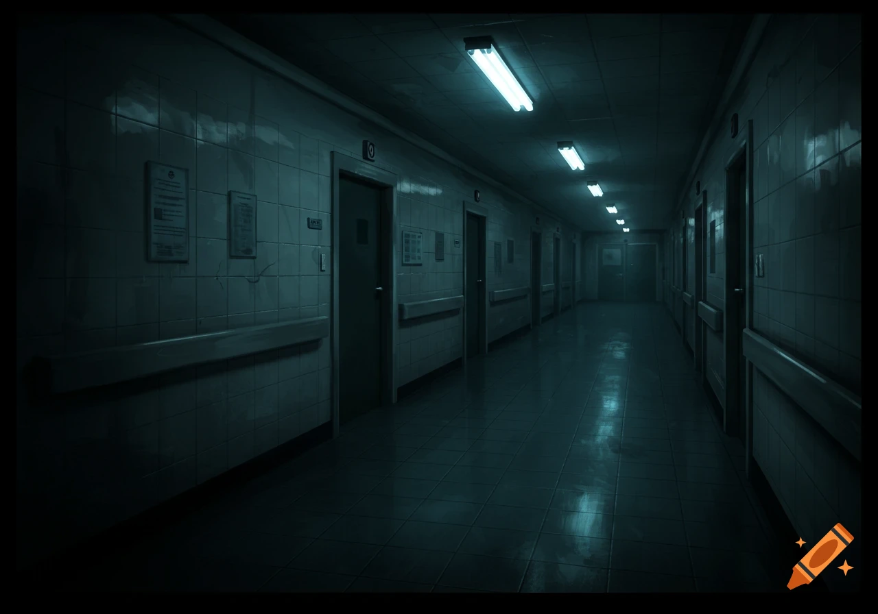 A dimly lit, eerie hospital corridor at night with glowing fluorescent ...