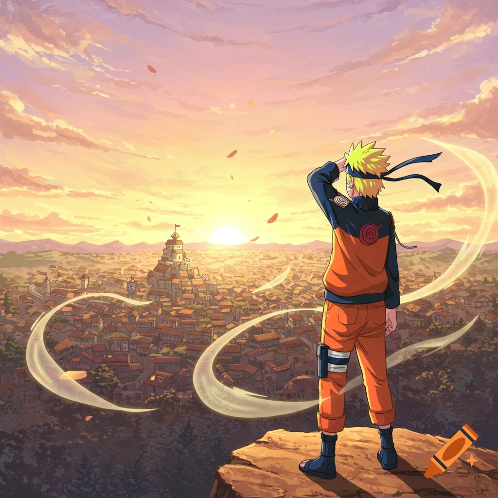 Anime illustration of Naruto standing on a cliff, looking over a vast ...