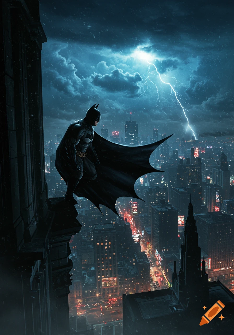 Batman and Joker face off in a rainy, neon-lit city alley at night, in ...