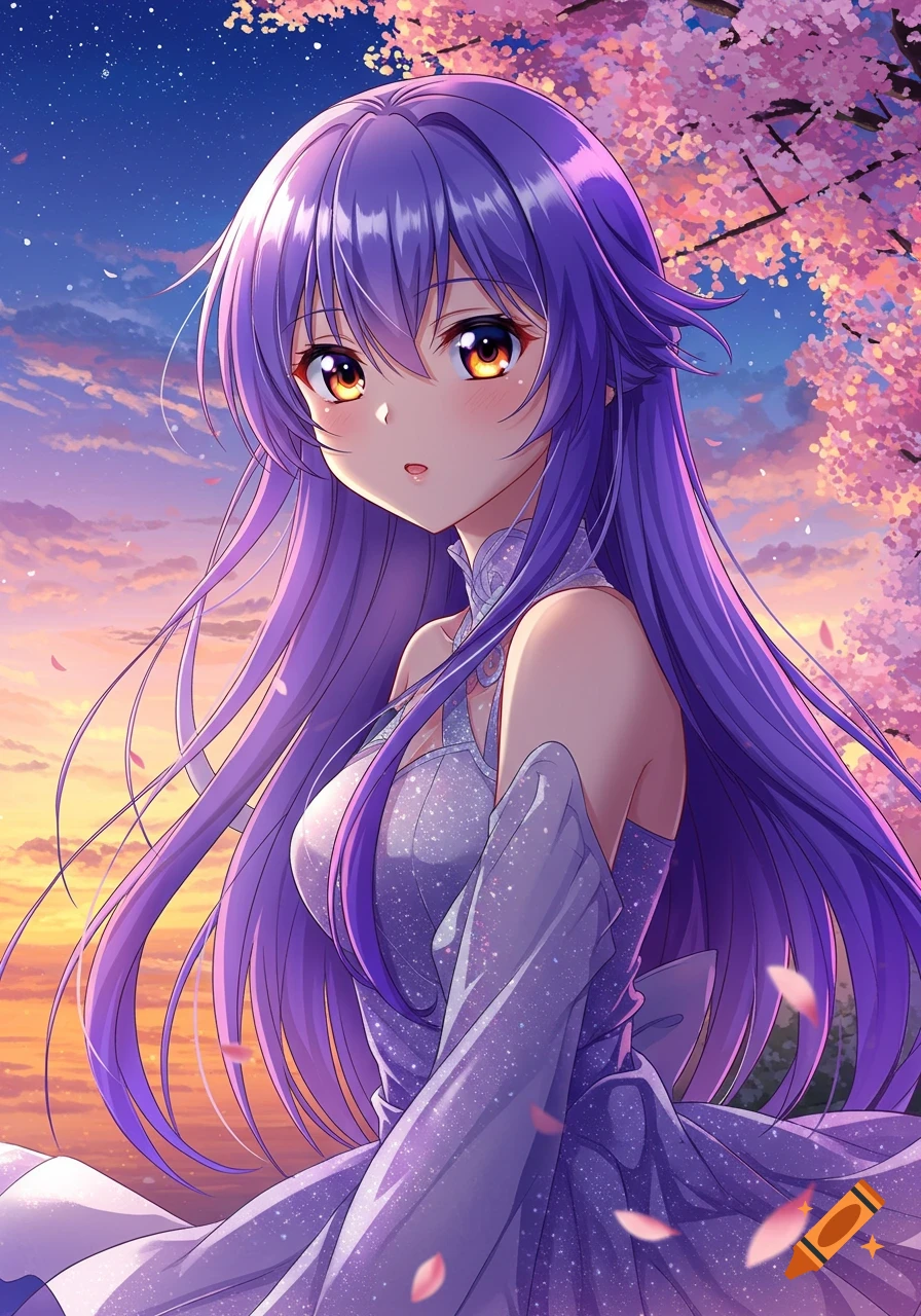 Anime girl with long purple hair in a white dress, standing in a cherry ...