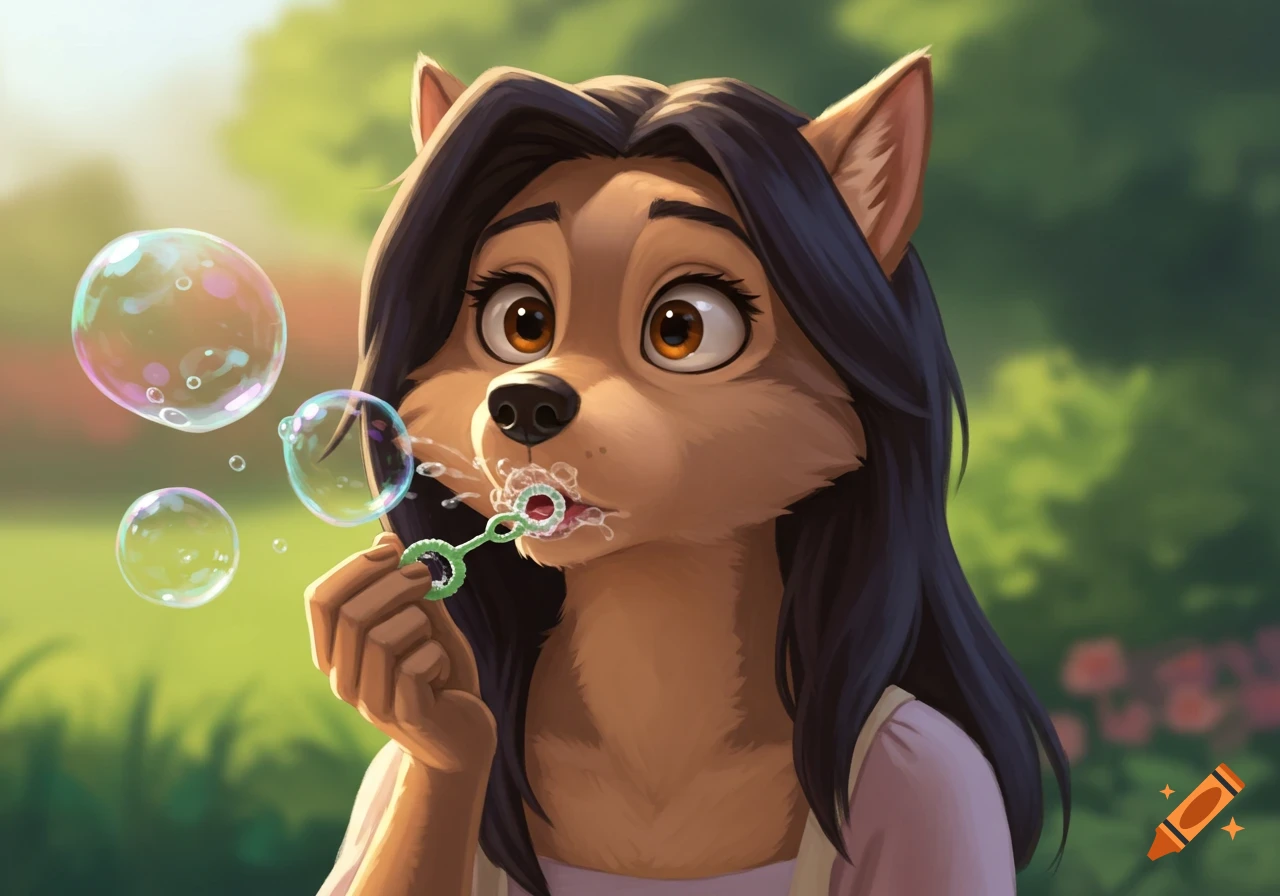 Two Disney-style anthropomorphic wolf women playing with bubbles ...