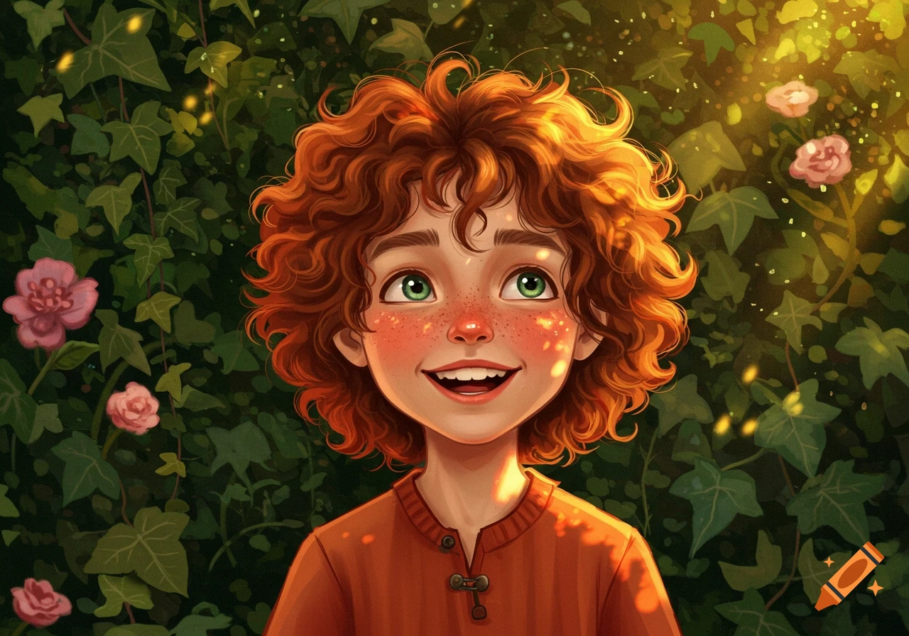 A smiling child with vibrant red curly hair, green eyes, and freckles ...