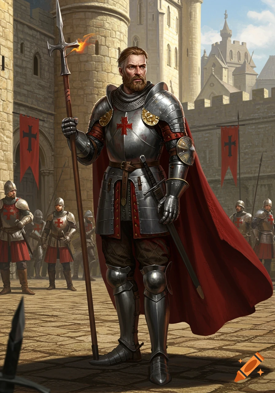 Photorealistic female knight in full silver armor, red dress, and ...