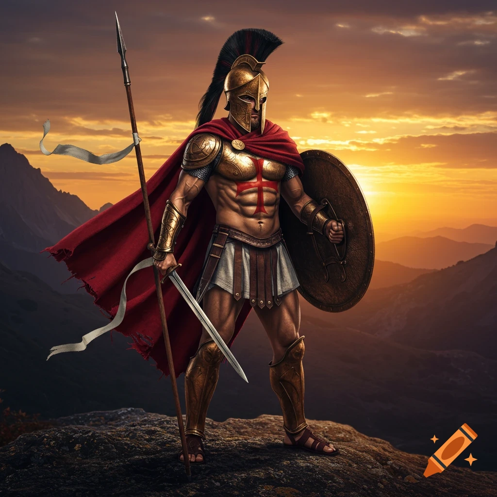 A Spartan warrior in gold armor and red cape stands on a rock, holding ...