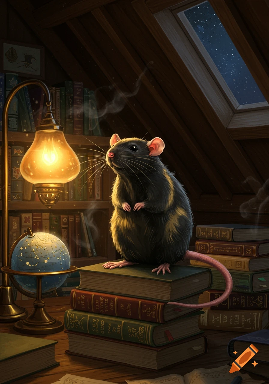 A photorealistic rat wearing round glasses sits at a desk with a paint ...