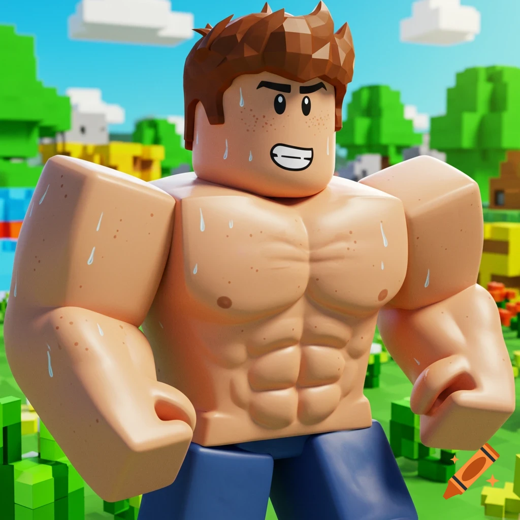 A muscular, sweating Roblox character with freckles and a determined ...