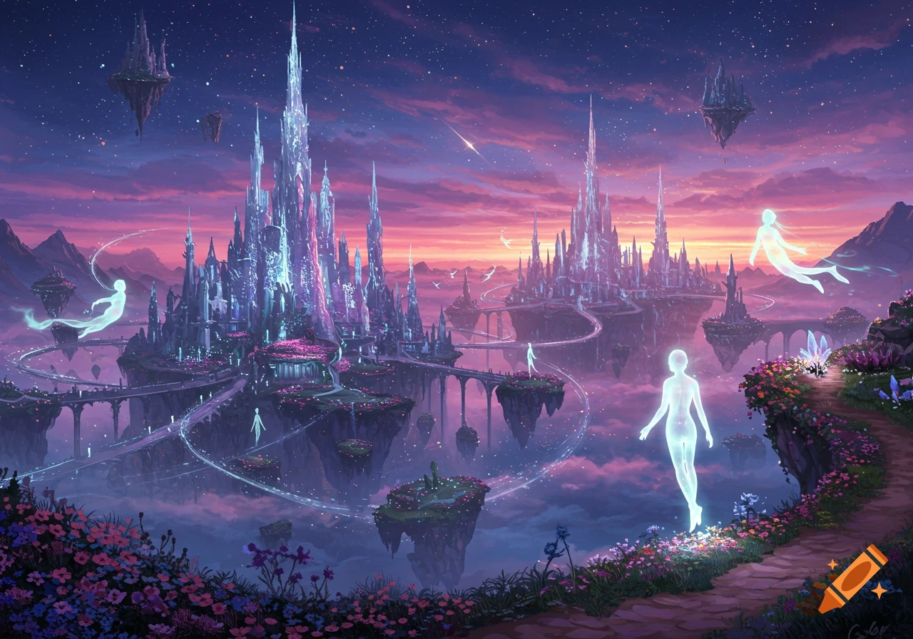 A vibrant fantasy garden floating in a cosmic sky with planets, stars ...