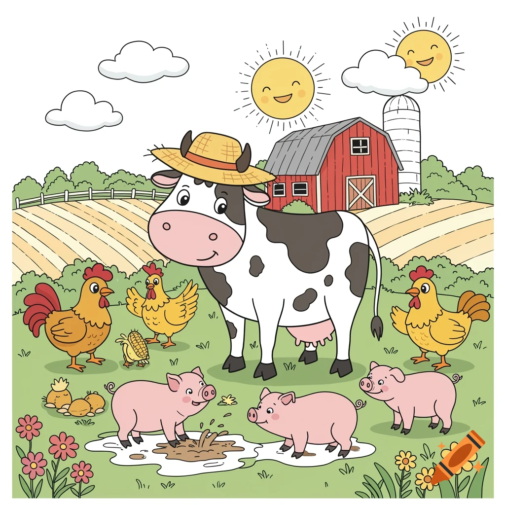 A cartoon cowboy and his dog sit on a farm while a cat chases a rat and ...