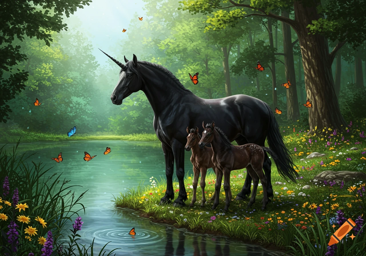 A white unicorn with a rainbow horn stands in a sunny, magical forest ...