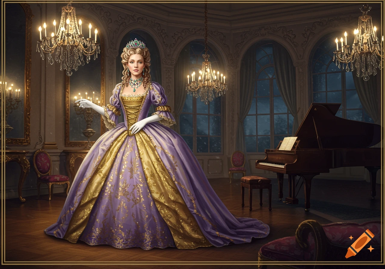 A blonde French princess in a pink lace dress and sparkling jewelry ...