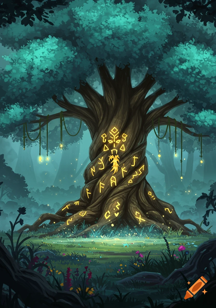 An isometric dark fantasy tree with glowing green cracks on its dark ...