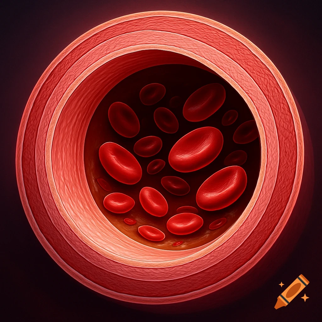 A detailed cross-section of a blood vessel showing red blood cells flowing through a reddish ...