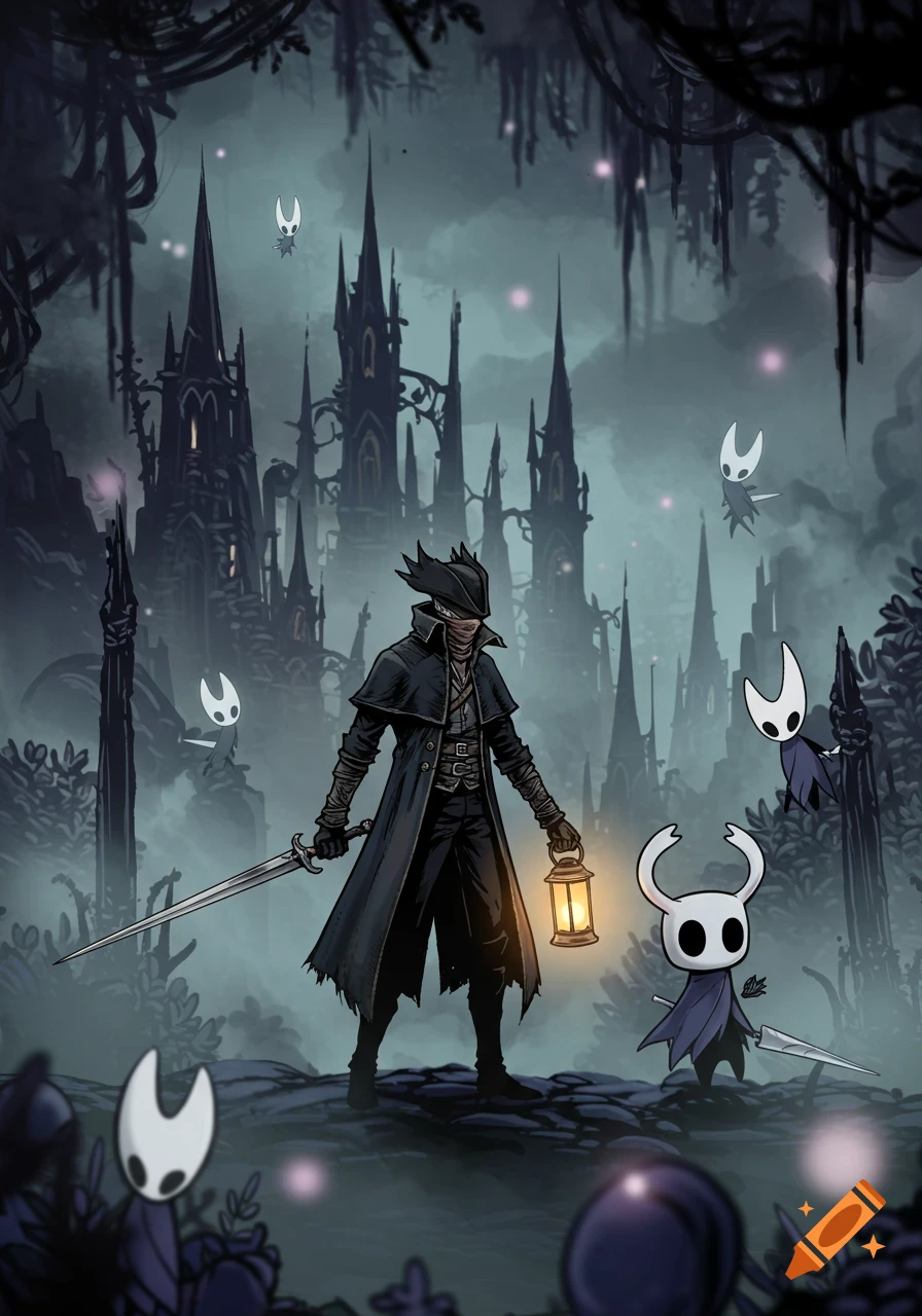 A knight views a misty fantasy landscape with giant statues, distant ...