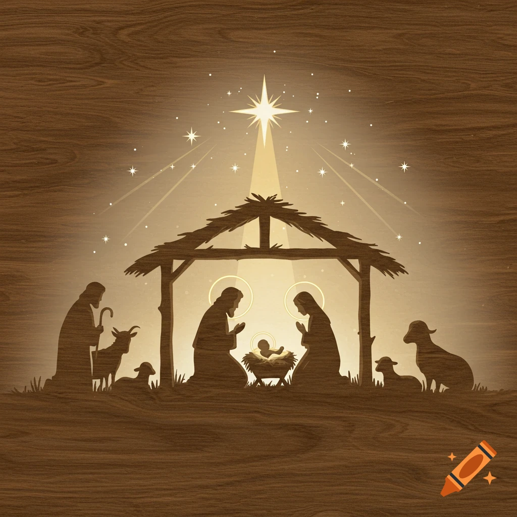 A stylized nativity scene with Mary, Joseph, and baby Jesus in a stable ...