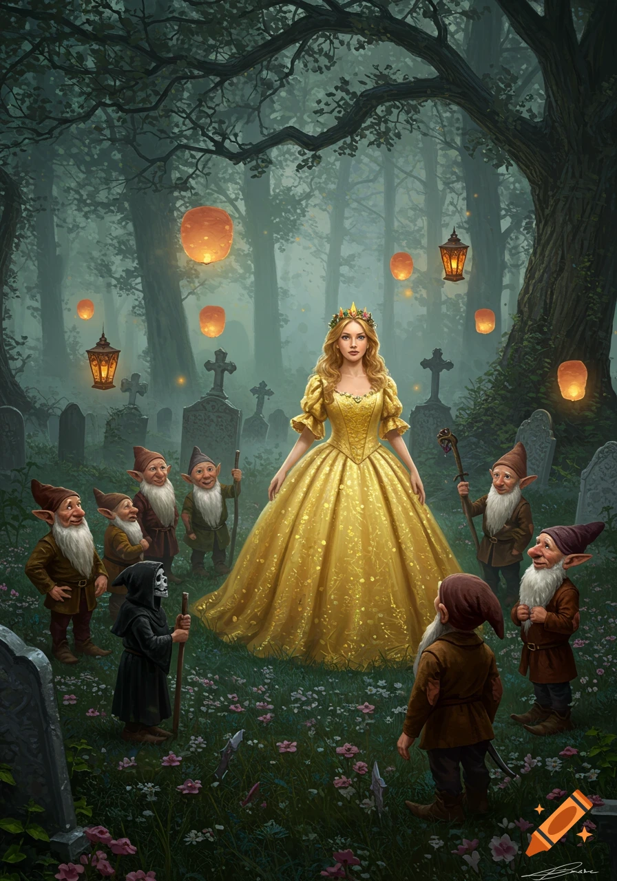 Four elves in green robes gather around a glowing crystal on a stone ...