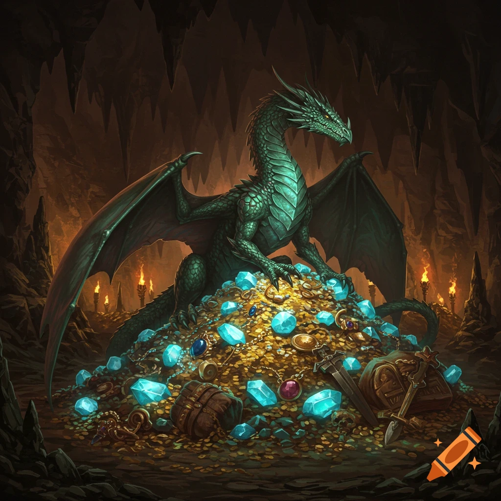 A majestic green dragon perches on a vast hoard of gold coins and ...
