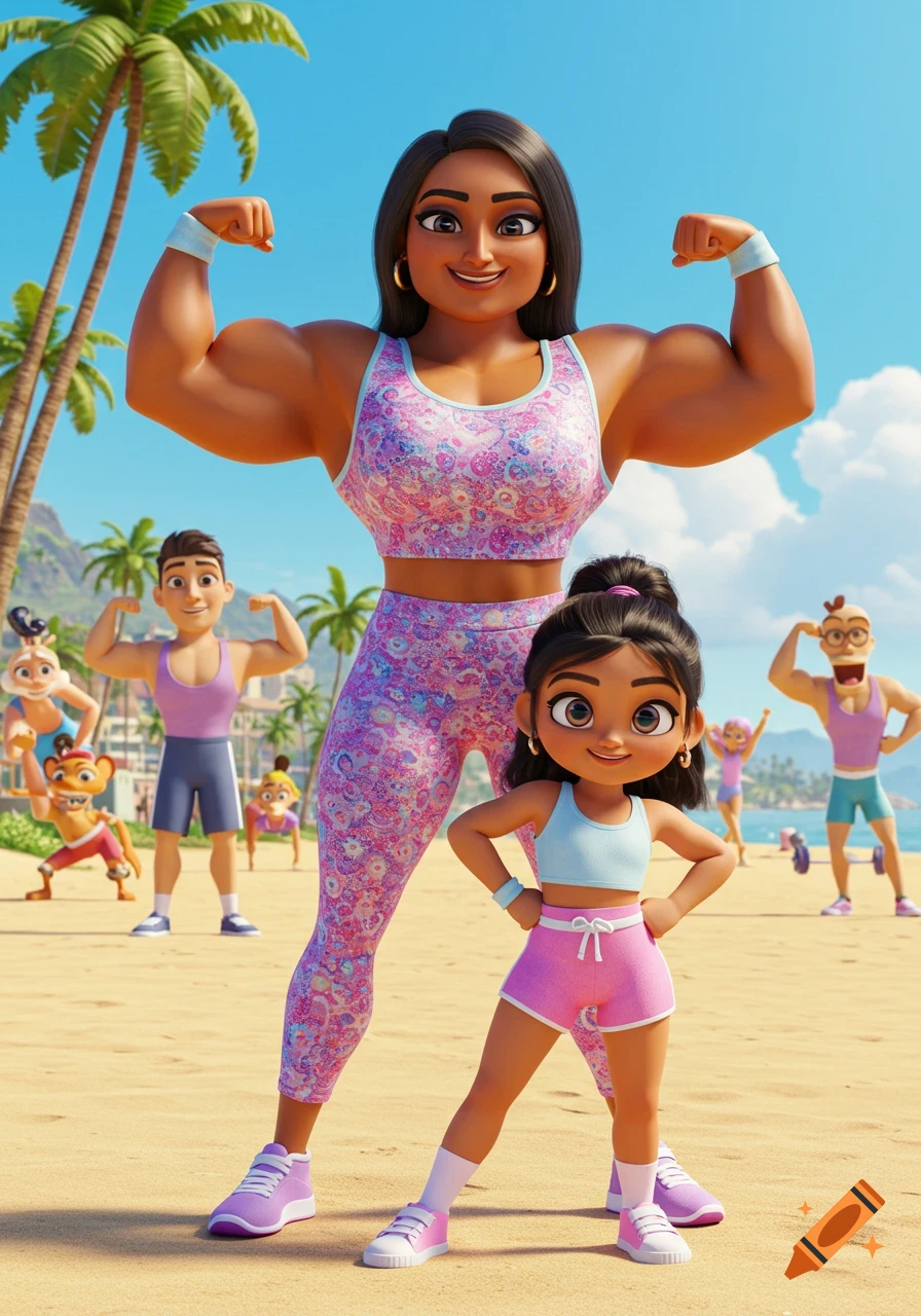 Elsa, Anna, and a muscular woman flex their biceps on a sunny cartoon ...