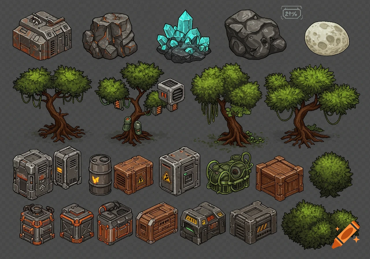 A spritesheet of 2D isometric pixel art sci-fi game assets, including ...