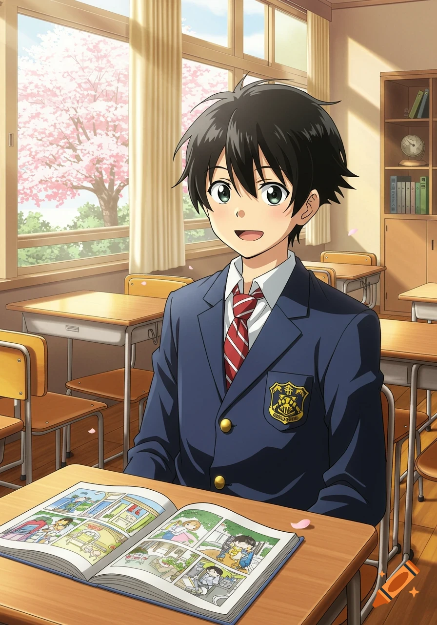 An anime school boy in a blue uniform sits at a desk with an open comic ...