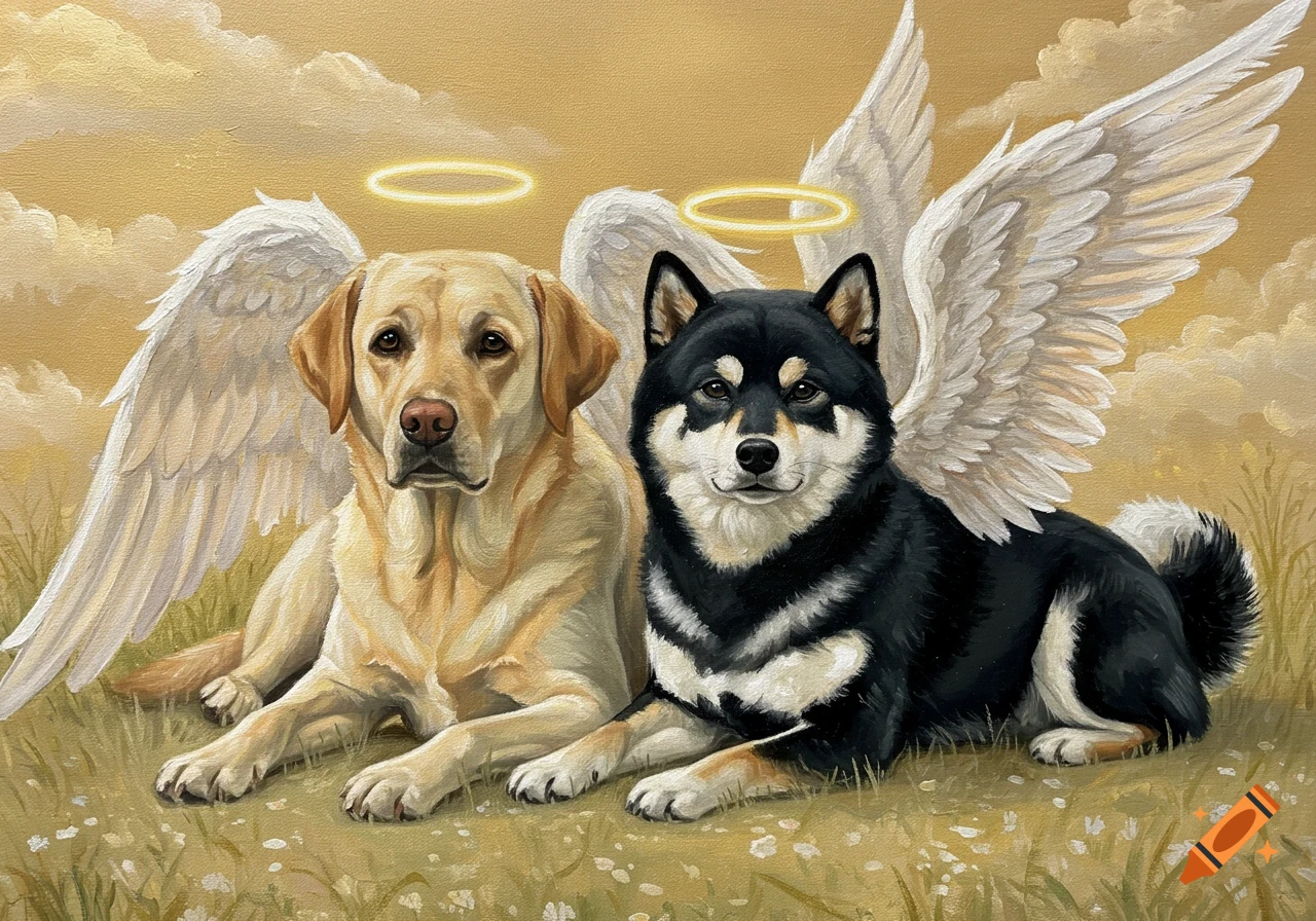 A traditional-style painting of a yellow Labrador and a black Shiba Inu ...