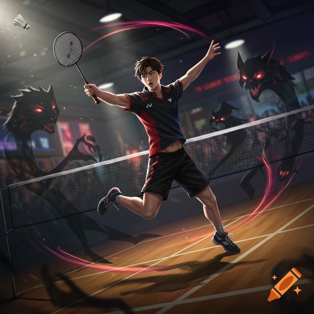 A black and white manga-style line drawing of a padel player, viewed ...