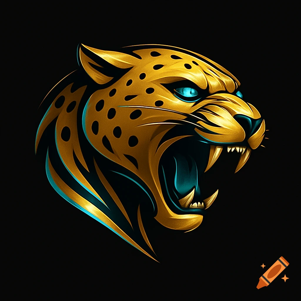 A metallic gold and dark grey stylized lion head logo, roaring with ...